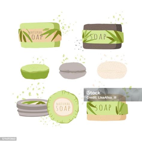 제로 폐기물 벡터 만화 세트 천연 유기농 비누 녹색 대나무 조각 숯 회색과 갈색 비누 손 만든 Spa 및 깨끗하고 자연적인 삶을위한 가정 위생 제품 비누에 대한 스톡 벡터
