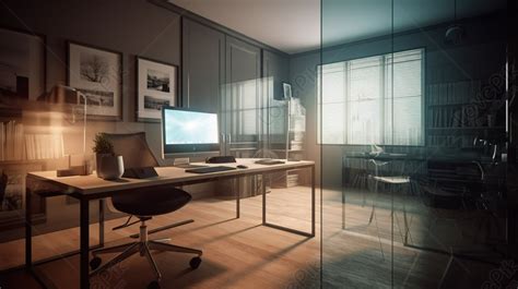 홈 오피스 룸의 3d 시각화 테이블 위의 컴퓨터 용품 및 장식 유리벽 전망 테이블 램프 배경 사진관 배경 사무용 책상