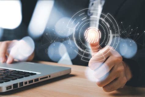 Business Woman Hand Using Fingerprint Indentification To Access Personal Financial Data Stock