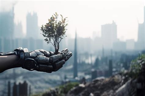 Premium Ai Image Two Hands Of A Robot Holding The Green Tree Going To Plant A Tree In The