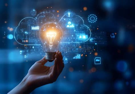 Hand Holding Glowing Lightbulb With Digital Cloud Technology Concept