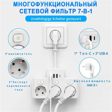 Hitrends Поворотная розетка с 3 евророзетками белая 3 Usb и 1 Type C 250v 16a поворот 180