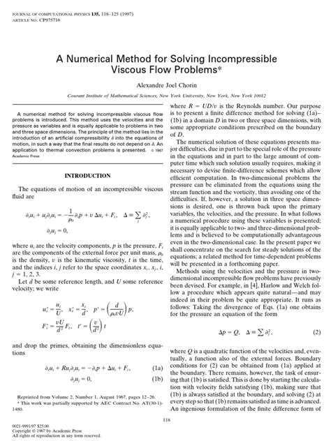 A Numerical Method For Solving Incompressible Viscous Flow Problems Pdf Navierstokes