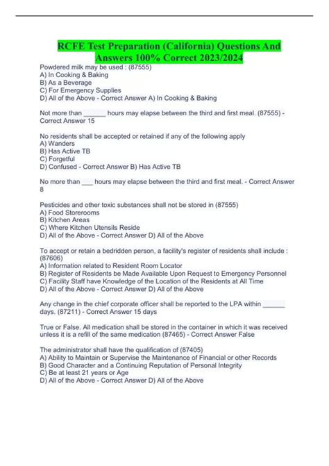 RCFE Test Preparation California Questions And Answers Correct Rcfe Stuvia US