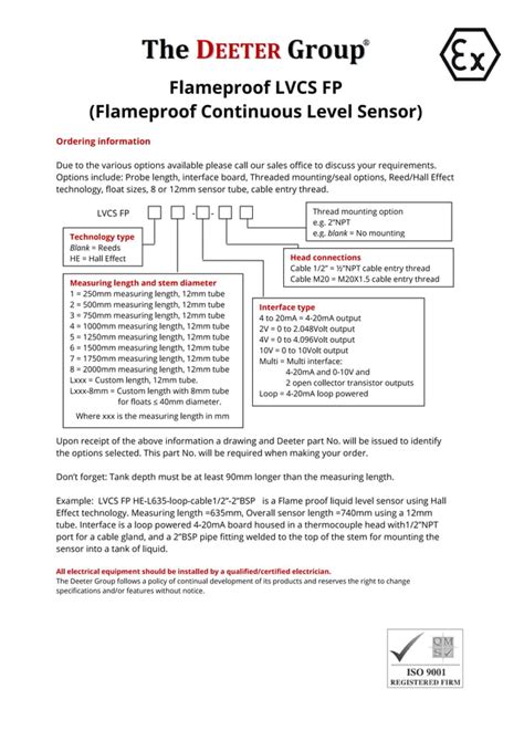 Explosion Proof Continuous Vertical Liquid Level Sensor Lvcs Fp Pdf