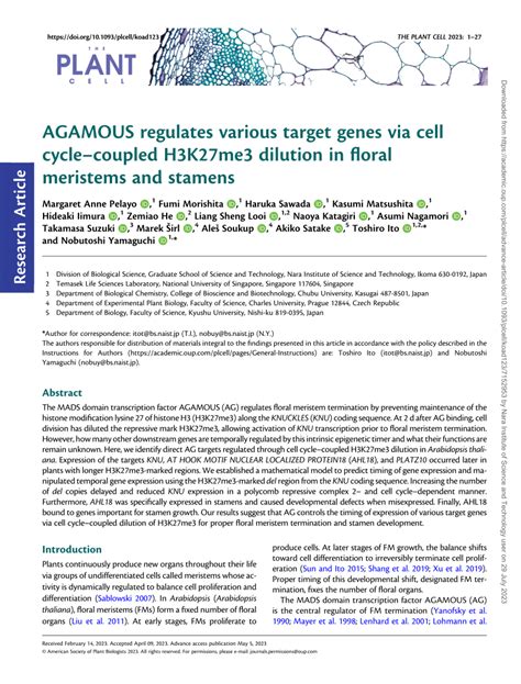 Pdf Agamous Regulates Various Target Genes Via Cell Cycle Coupled