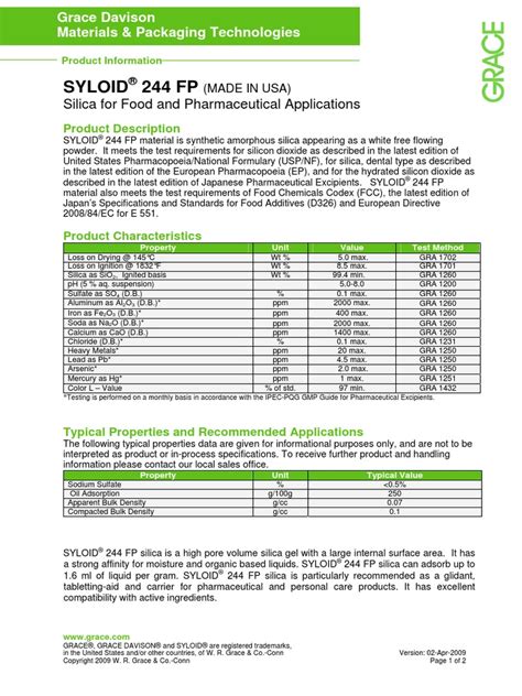 Syloid 244 Fp Usa Pdf Silicon Dioxide Adsorption