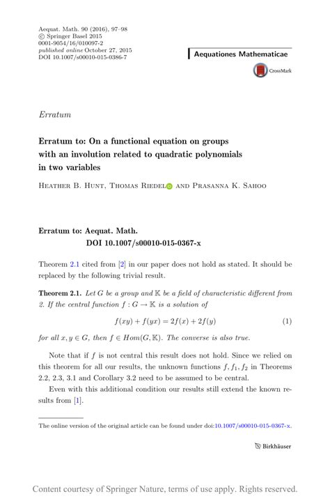 Erratum To On A Functional Equation On Groups With An Involution