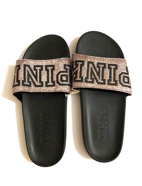 Victorias Secret Pink Glitter Logo Slides Single Strap Open Toe