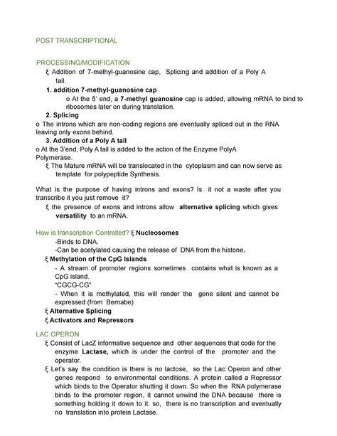 Gene Expression Notes Post Transcriptional Processingmodification