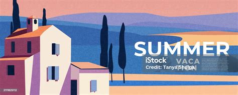 여름 자연 풍경 포스터 배너 표지 여름 필드 집 산 및 타이포그래피 디자인이 있는 카드 여름 휴가 유럽 휴가 여행 일러스트 웹