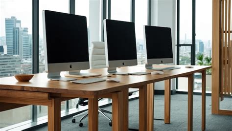 Modern Office Workspace With Panoramic Views Of A City Skyline Premium Ai Generated Image