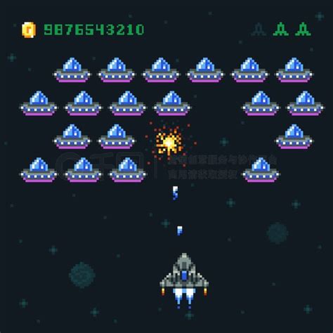计算机免抠元素 复古街机游戏屏幕与像素入侵者和宇宙飞船。太空战争计算机 8 位旧矢量图形。游戏视频街机、宇宙飞船和火箭数字像素图 素材免费下载