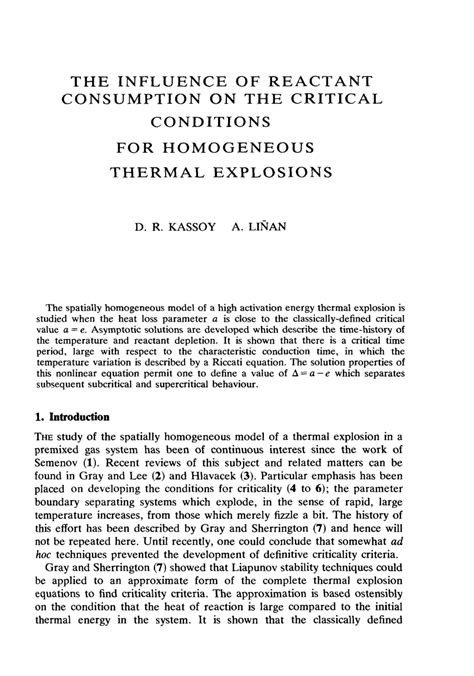Pdf The Influence Of Reactant Consumption On The Critical Conditions For Homogeneous Thermal