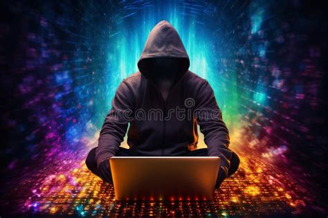 Hacker On A Laptop A Man Wearing A Hood On A Laptop Image Made Up Of Colorful Binary Code