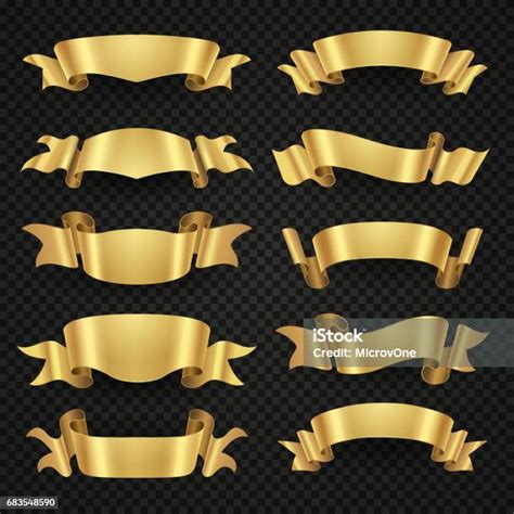 고립 된 현대 황금 빛나는 3d 리본 배너 벡터 컬렉션 리본상에 대한 스톡 벡터 아트 및 기타 이미지 리본상 배너 표지판 종이 두루마리 Istock