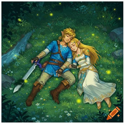 Zelda And Link Kissing In A Field Of Fireflies At Sunset In The Style