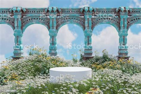 Abstact 3d는 봄 장면과 자연 배경 다채로운 꽃과 잔디밭 배경 로마 아치 구름 및 하늘에 돌 연단을 렌더링하여 제품