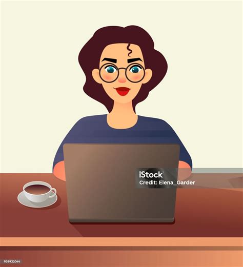 여자 프리랜서입니다 안경에 젊은 여자는 노트북 앞에 앉아 집에서 작동 합니다 만화 플랫 소녀 온라인 작업 또는 공부 하 고 노트북을 사용 하는 동안 학습 프리랜서 작업 개념