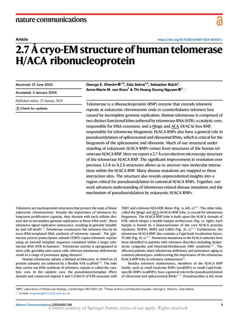 Pdf 27 Å Cryo Em Structure Of Human Telomerase Haca Ribonucleoprotein