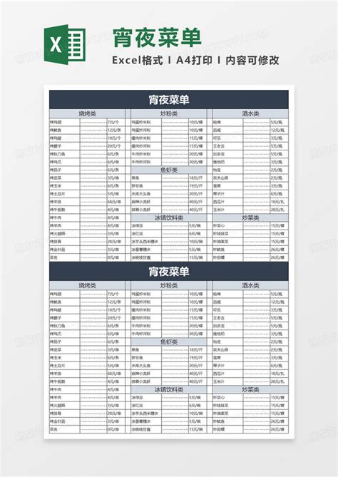 实用宵夜菜单excel模板下载 熊猫办公