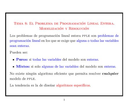 Programacion Lineal Entera Tema 8 El Problema De Programaci ́ On Lineal Entera Modelizaci ́