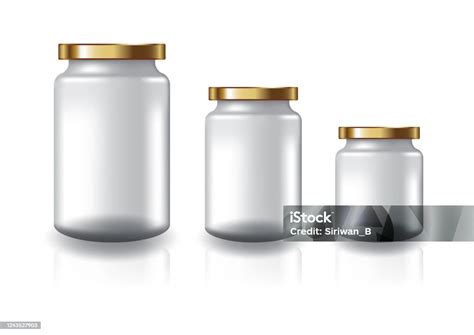 보충제 또는 식품을위한 금 납작한 뚜껑이있는 빈 투명 한 둥근 항아리 3 사이즈 반사 그림자가있는 흰색 배경에 격리되었습니다 패키지 설계에 사용할 준비가 되었습니다 벡터