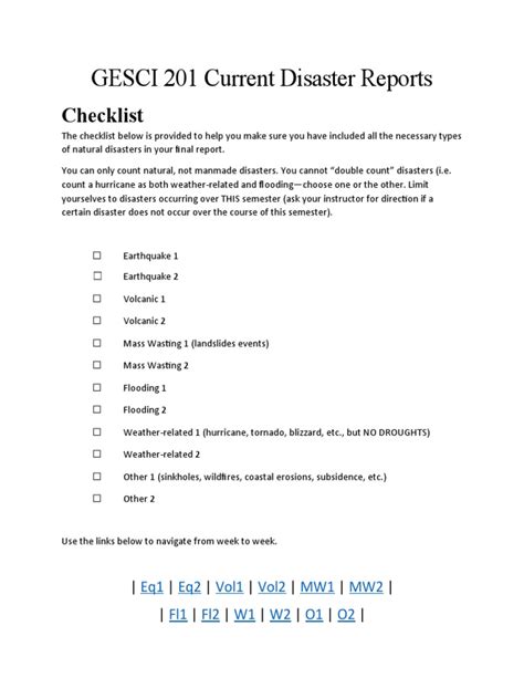 Gesci 201 Current Disaster Reports Checklist Pdf Emergency