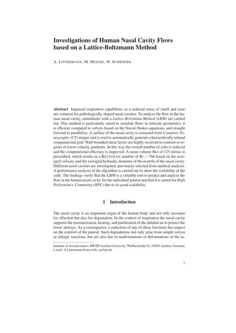 Pdf Investigations Of Human Nasal Cavity Flows Based On A Lattice Boltzmann Method