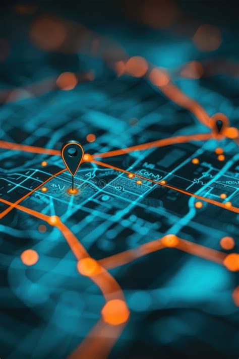 A Futuristic City Map With Glowing Neon Lights And A Location Pin Marker Representing Advanced
