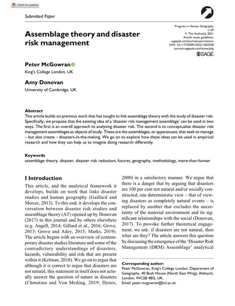 Pdf Assemblage Theory And Disaster Risk Management