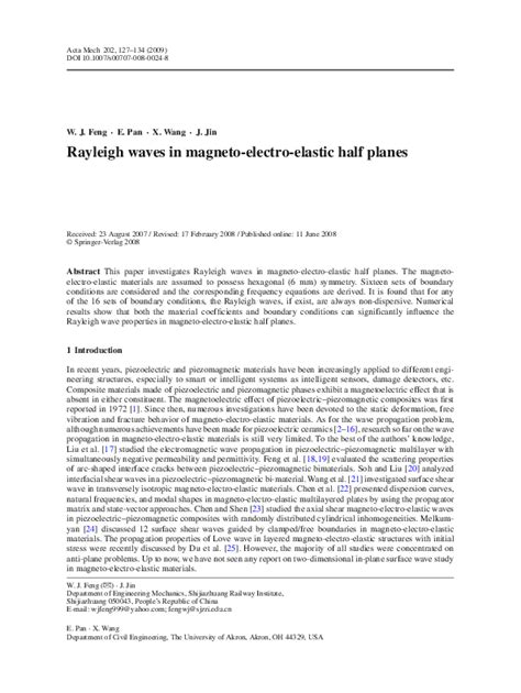 Pdf Rayleigh Waves In Magneto Electro Elastic Half Planes Ernian