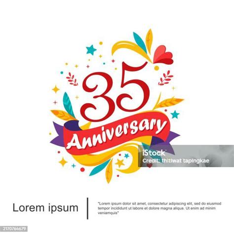 35 주년 기념 엠블럼 로고 고립 화려하고 쾌활한 와 나뭇잎 리본 그리고 하얀 배경에 별들 웹 전단지 포스터 인사말에 대 한 벡터 일러스트 레이 션 템플릿 디자인 30th