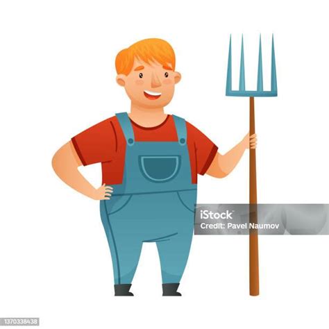 포크 만화 벡터 일러스트와 함께 서 바지에 남자 농부 캐릭터 남성에 대한 스톡 벡터 아트 및 기타 이미지 남성 남자 만화
