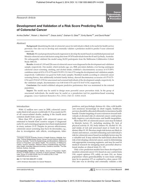 Pdf Development And Validation Of A Risk Score Predicting Risk Of Colorectal Cancer