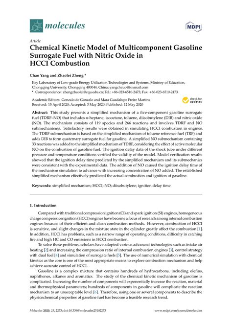 Pdf Chemical Kinetic Model Of Multicomponent Gasoline Surrogate Fuel With Nitric Oxide In Hcci