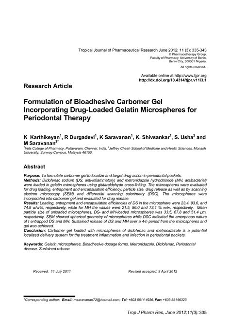 Formulation Of Bioadhesive Carbomer Gel Incorporating Drug Loaded Gelatin Microspheres For