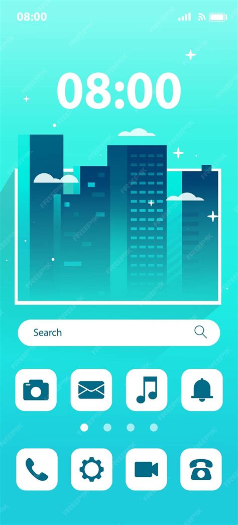 홈 화면 스마트폰 인터페이스 Ui 모바일 홈 페이지 레이아웃 아침 도시 그림 프리미엄 벡터