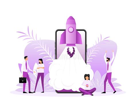 Poster With Rocket People Startup Company Launch Concept Flat Tiny