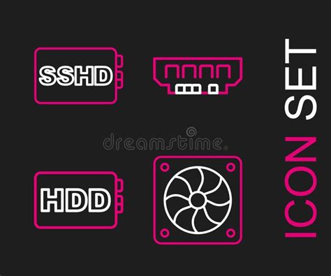 Set Line Computer Cooler Hard Disk Drive Hdd Ram Random Access Memory And Sshd Card Icon