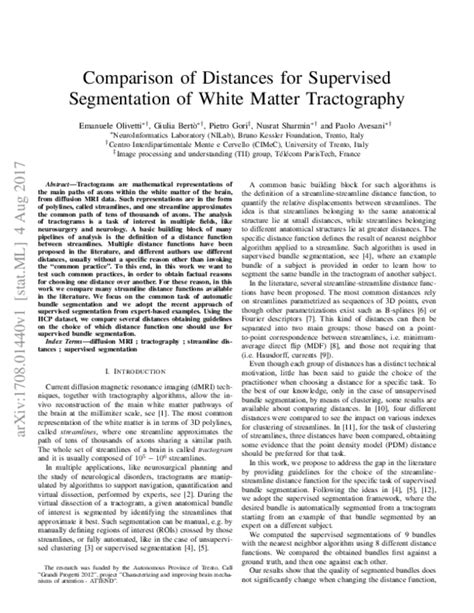 Pdf Comparison Of Distances For Supervised Segmentation Of White Matter Tractography