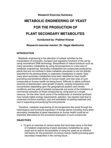 Metabolic Engineering Of Yeast For The Production Of Plant Secondary Metabolites Pdf
