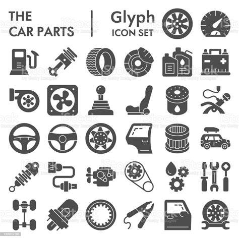 자동차 부품 문례 아이콘 세트 자동 세부 기호 컬렉션 벡터 스케치 로고 일러스트 레이션 자동차 수리 표지판 흰색 배경에 고립 된 고체 Pictograms 패키지 Eps 10