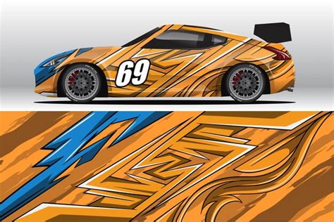 매일 사용되는 경주용 상징 또는 자동차 비닐을 위한 추상 경주용 자동차 랩 스티커 디자인 및 스포츠 배경 프리미엄 벡터