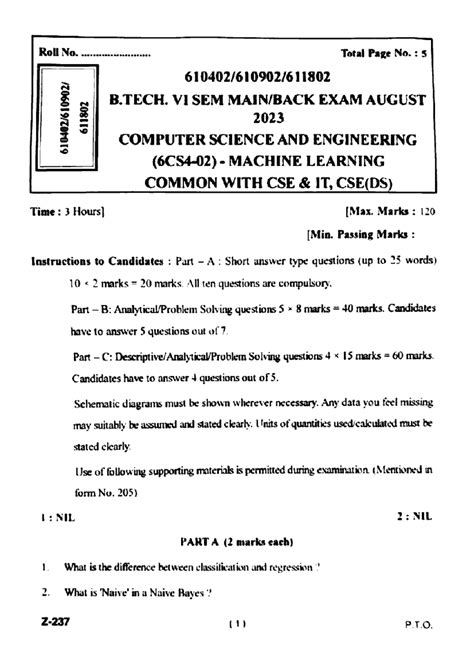 Btech Cs It 6 Sem Machine Learning 610402 Aug 2023 Machine Learning Studocu