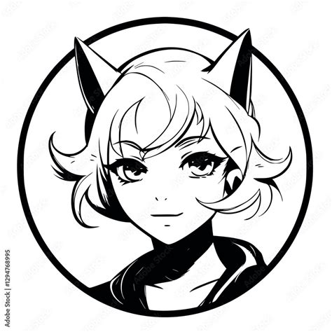Minimalist Anime Neko Girl Portrait Black And White Vector