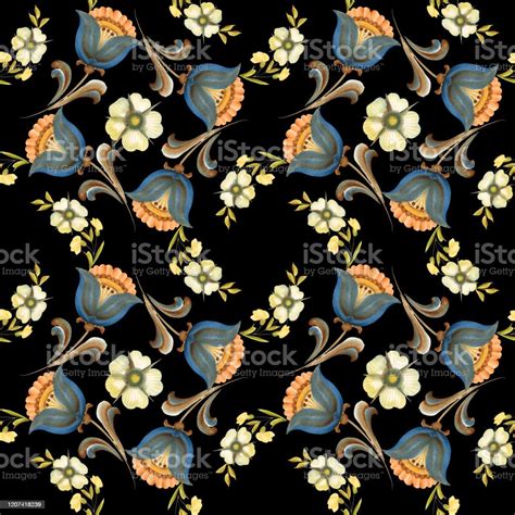 검은 색 배경에 양식에 일치시키는 파란색 꽃입니다 종과 잎 데이지는 전통적인 브러시 스트로크 기술을 사용하여 만들어집니다 0명에 대한 스톡 벡터 아트 및 기타 이미지