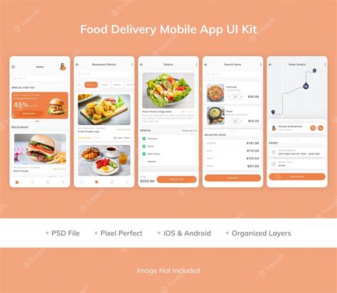 음식 배달 모바일 앱 Ui 키트 프리미엄 Psd 파일