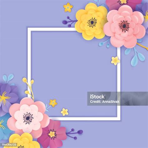 종이 잘라 꽃 인사말 카드 템플릿입니다 꽃 배경 프레임 종이 접기 스타일입니다 배너 포스터에 대 한 식물 봄 여름 디자인입니다 벡터 일러스트 0명에 대한 스톡 벡터 아트 및