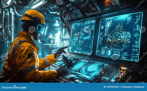Futuristic Deep Sea Mining Worker Monitoring Augmented Reality Screens On Advanced Underwater